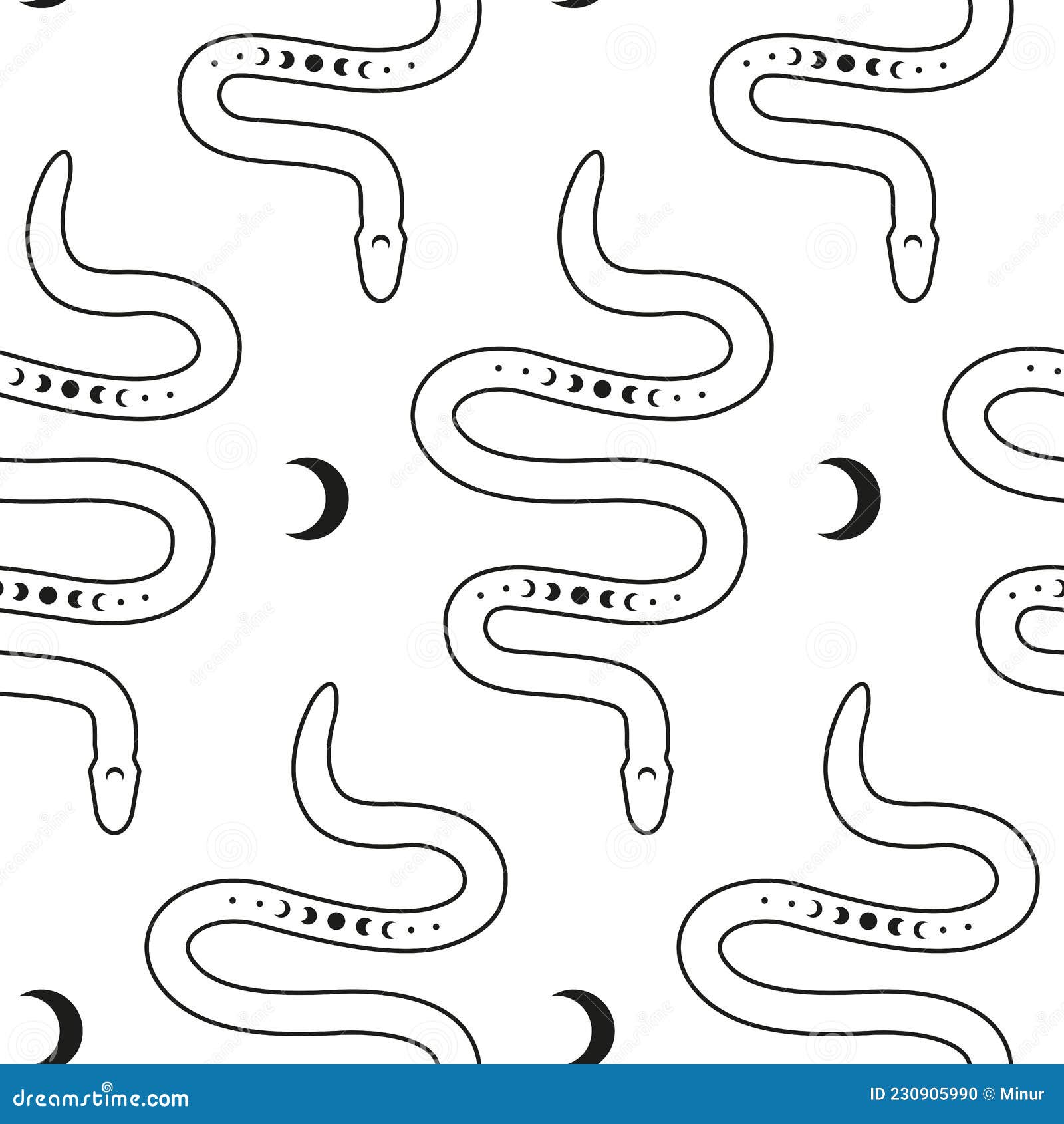 Seamless Pattern with Celestial Snakes, Crescents and Moon Phases ...