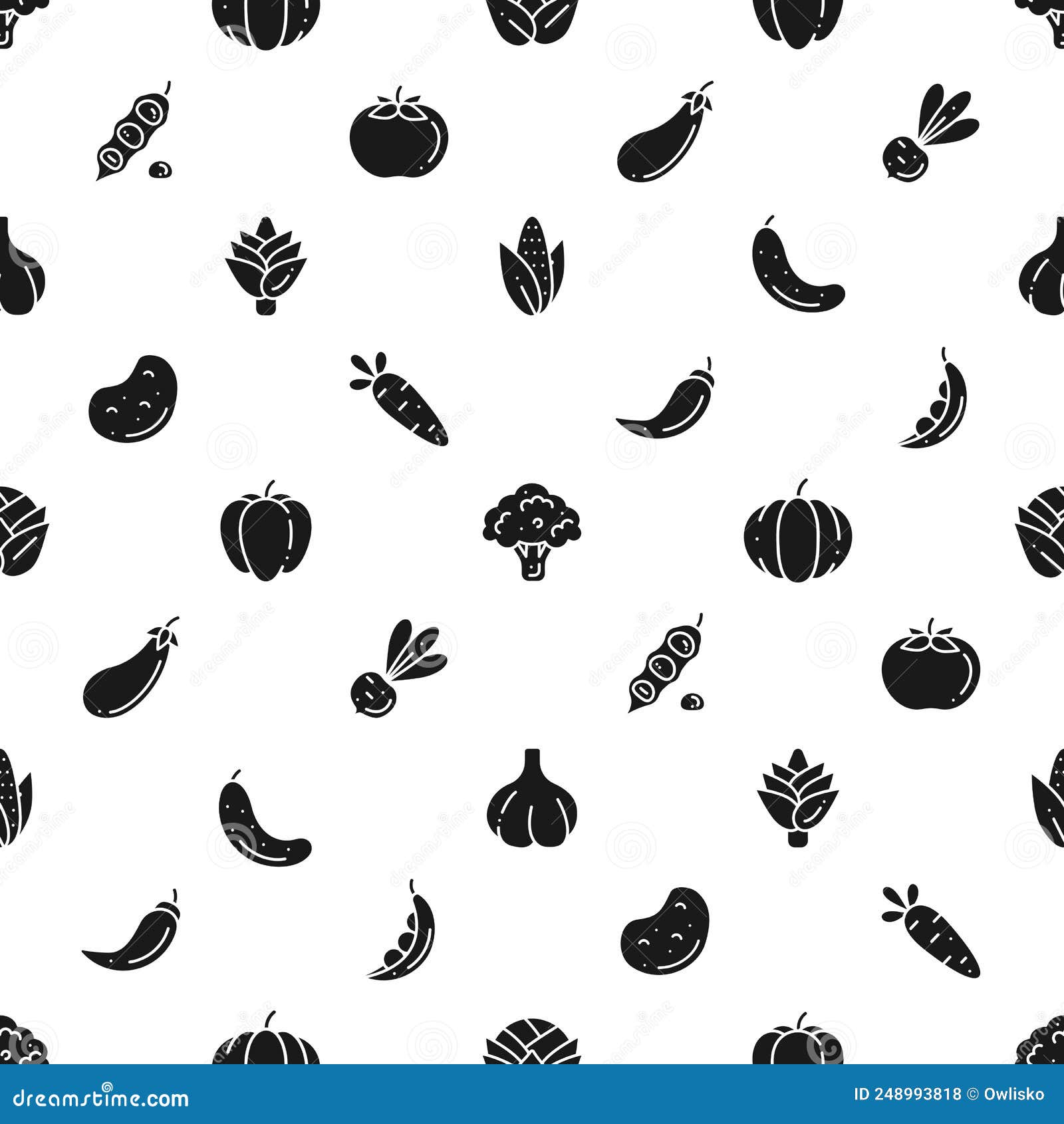 Black and White Seamless Pattern of Silhouette Vegetable Icons Stock ...