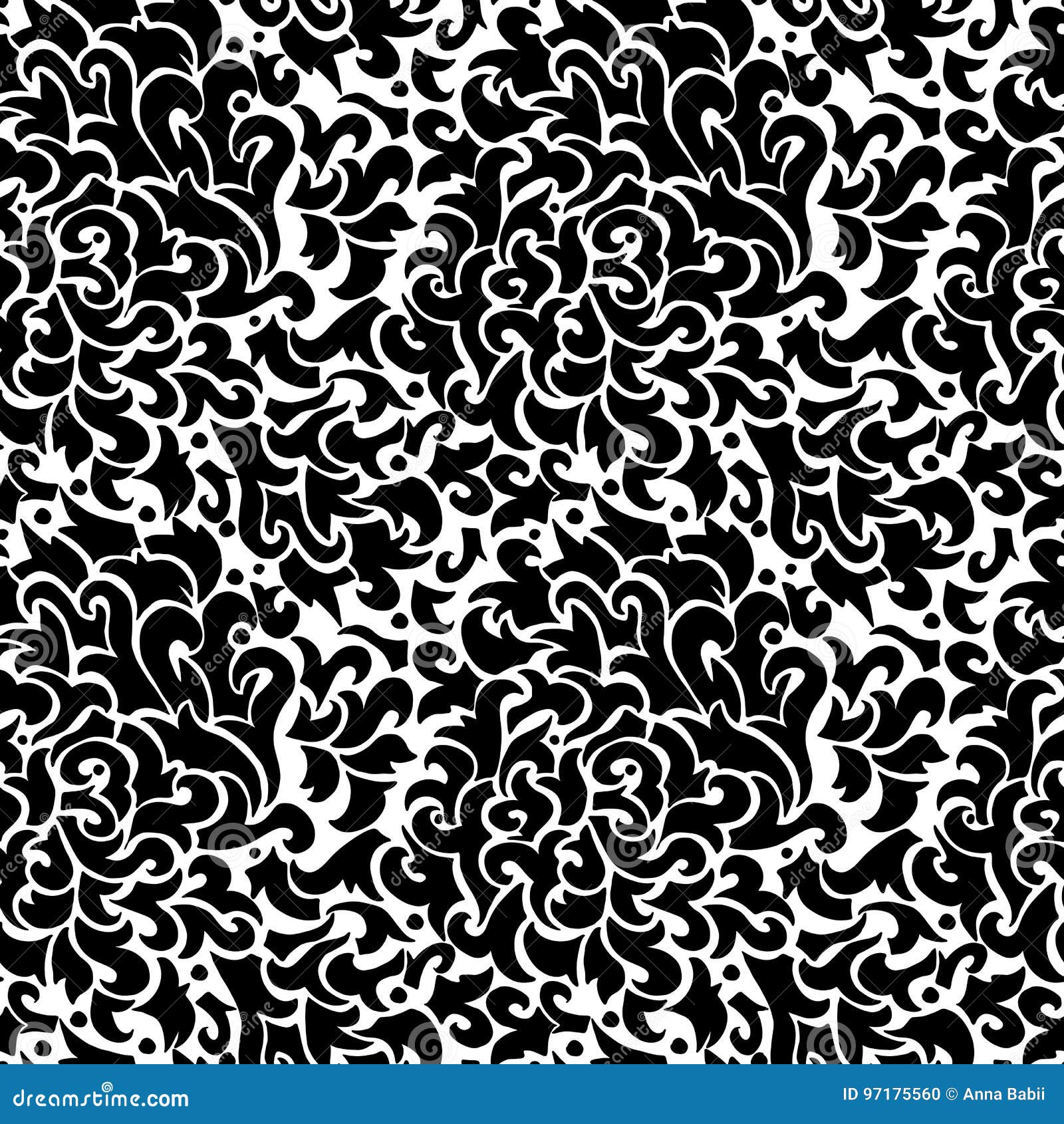 Black and White Seamless Pattern. Vector Curls Illustration. Monochrome ...