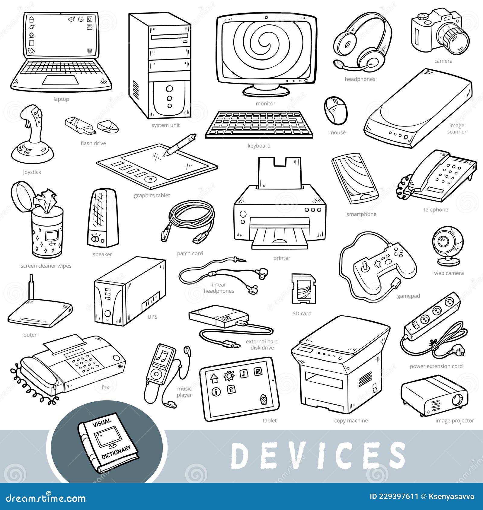 Black and White Set of Computer Devices. Visual Dictionary for Kids ...
