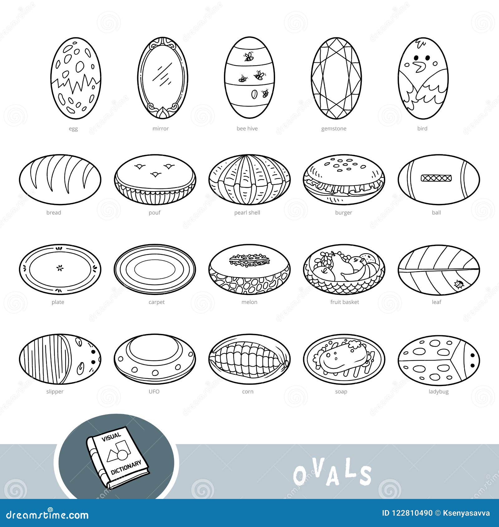 Black And White Set Of Oval Shape Objects Visual Dictionary Stock