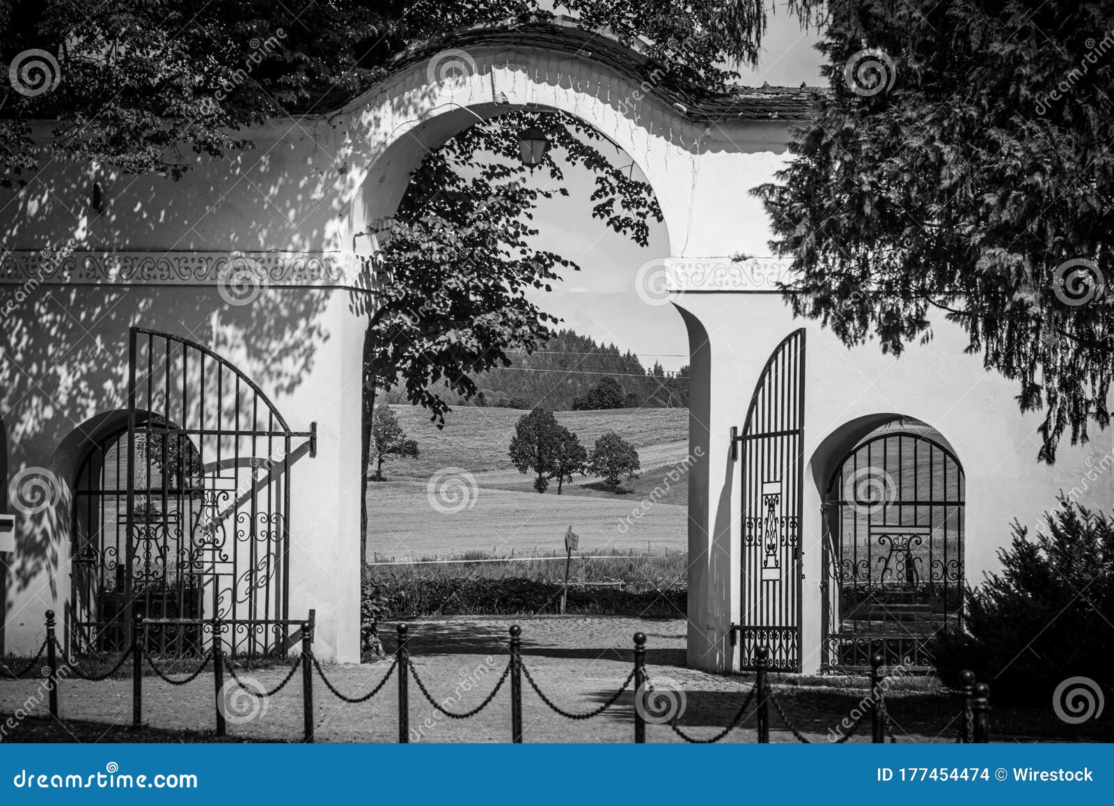 Black and White Shot of a Wide Open Gate Stock Photo - Image of estate ...