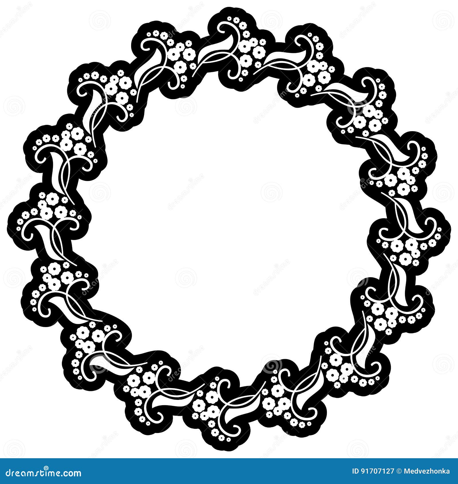 Black and White Silhouette Round Frame with Decorative Flowers. Stock ...