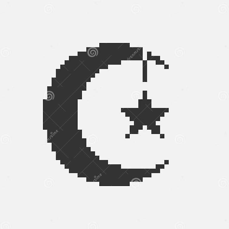 Black and White Simple 1bit Vector Pixel Art Icon of Crescent Moon and ...
