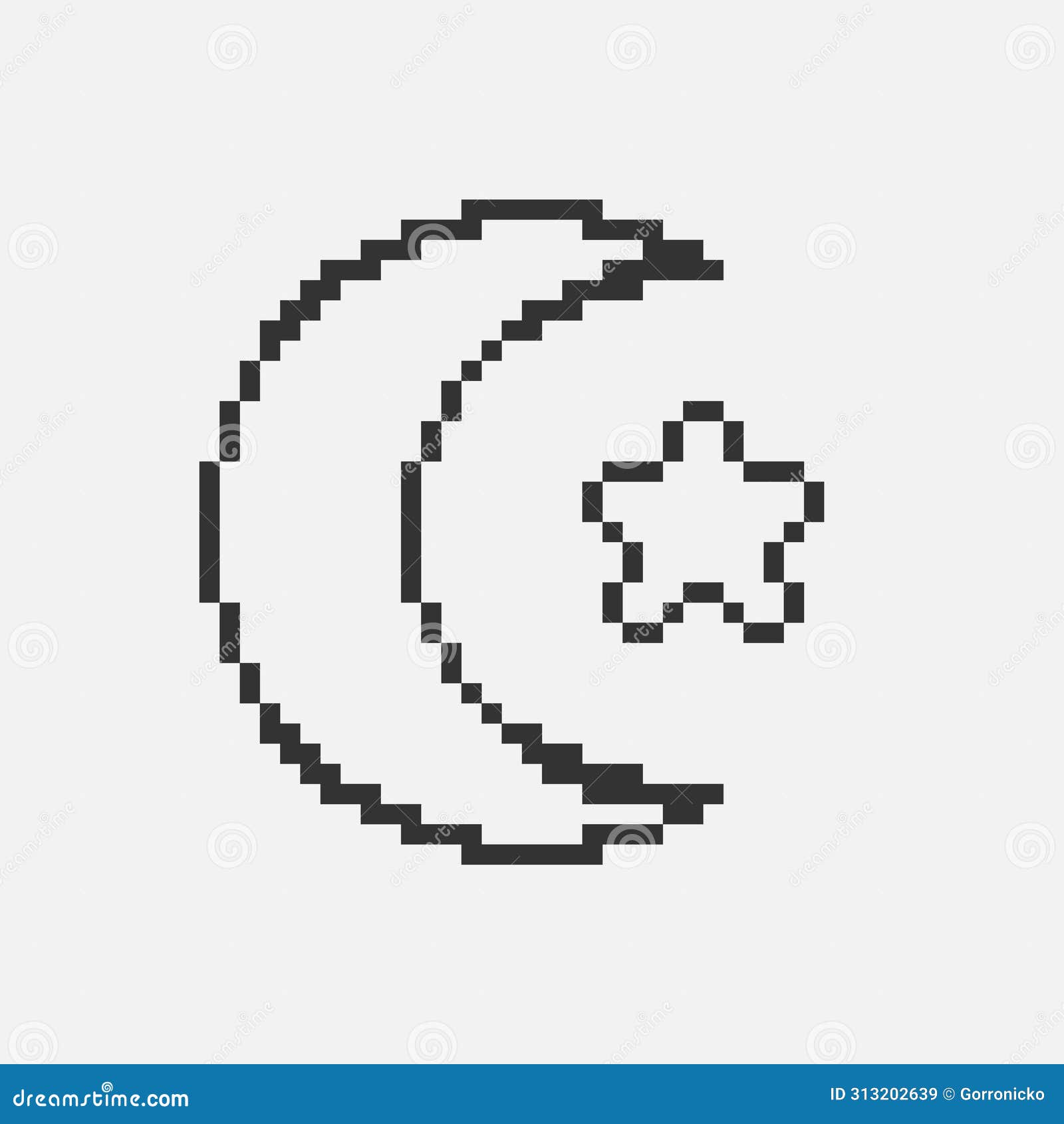 Black and White Simple 1bit Vector Pixel Art Icon of Crescent Moon and ...
