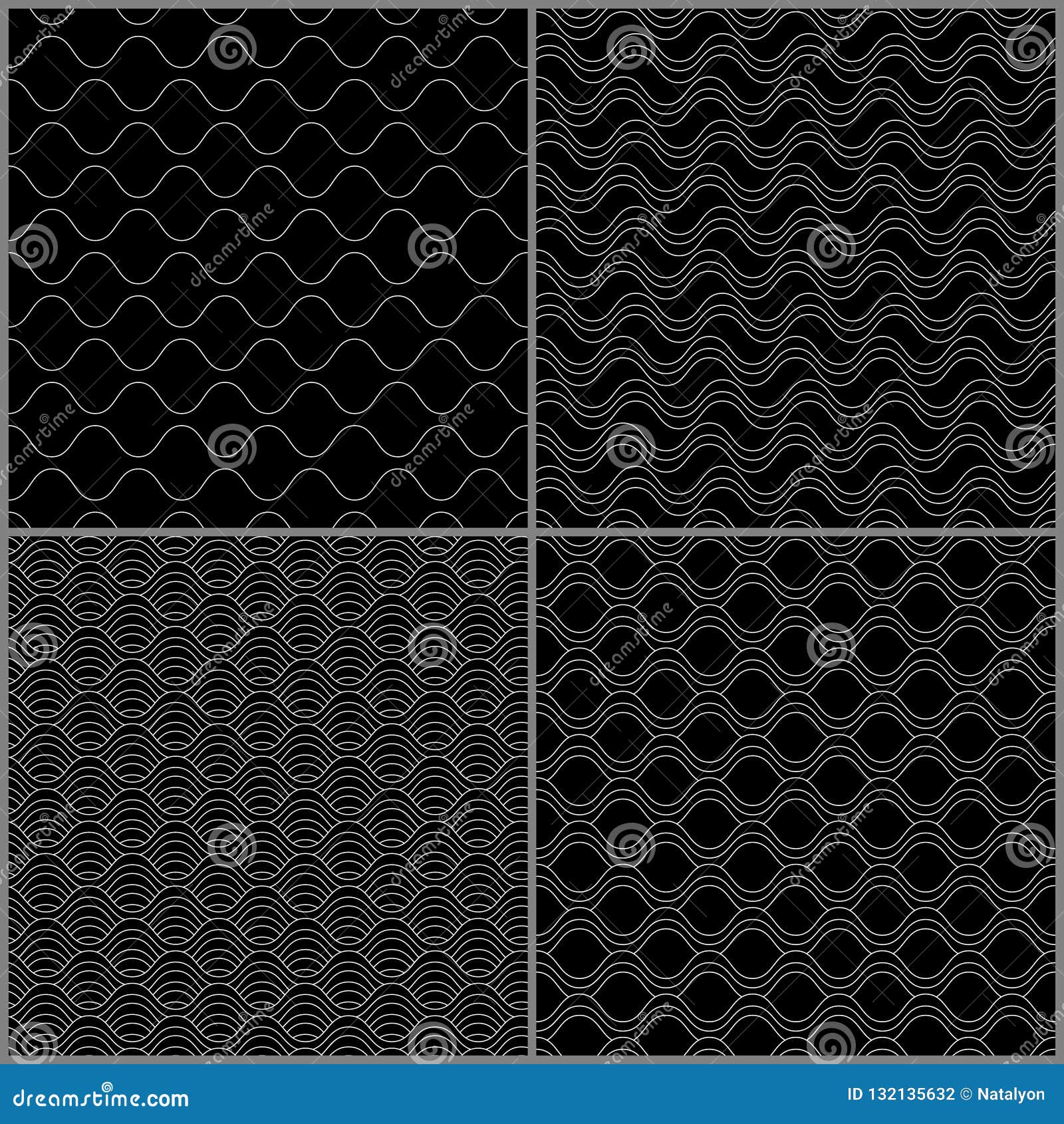 Black and White Simple Waves Seamless Patterns Set, Vector Stock Vector ...