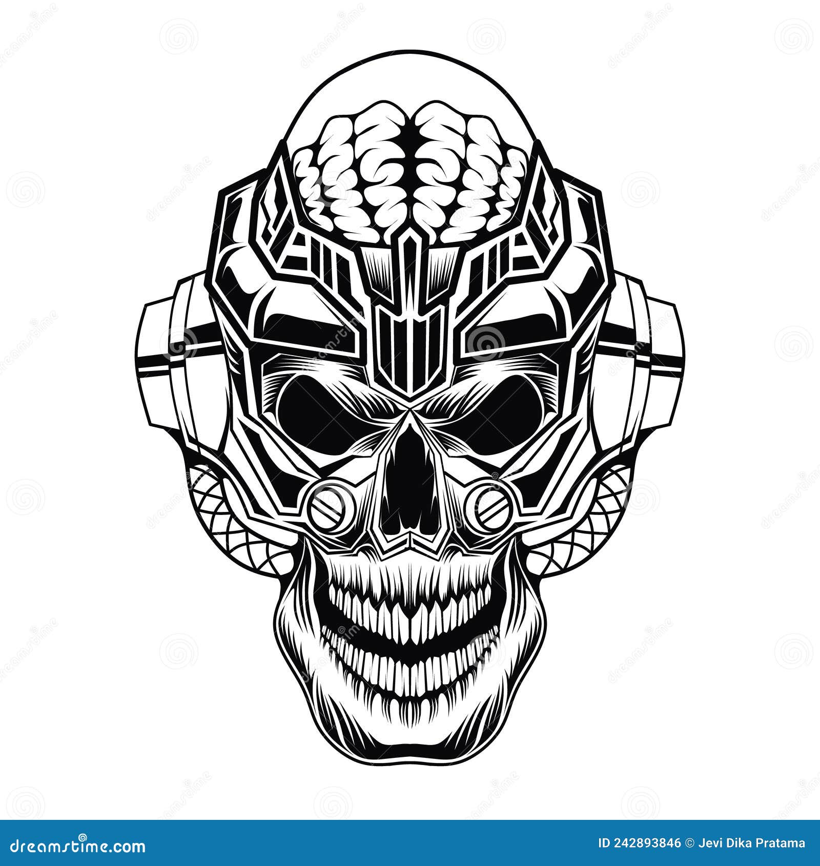 Black and White Skeleton with Mecha Brained Skull Stock Vector ...