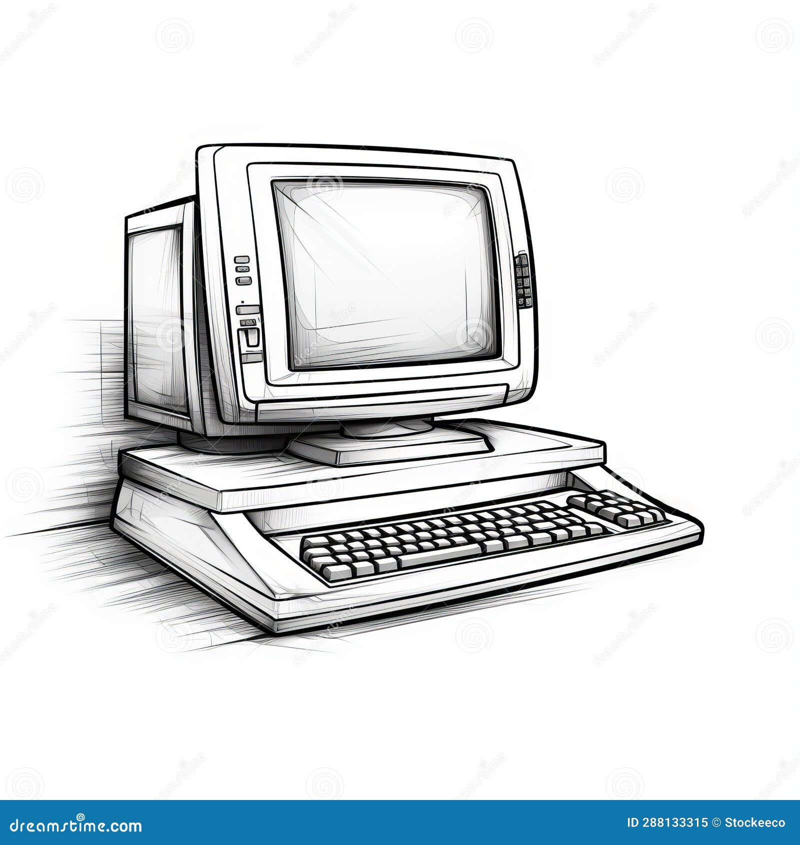 Detailed Line Art of an Old-style Computer with Outrun Aesthetic Stock ...