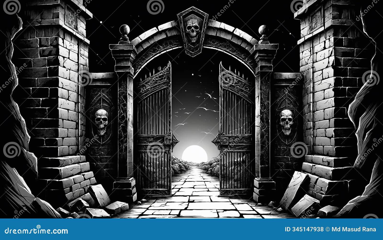 Black and White Sketch Engraving a Dark Old Broken Wall and Gate with ...