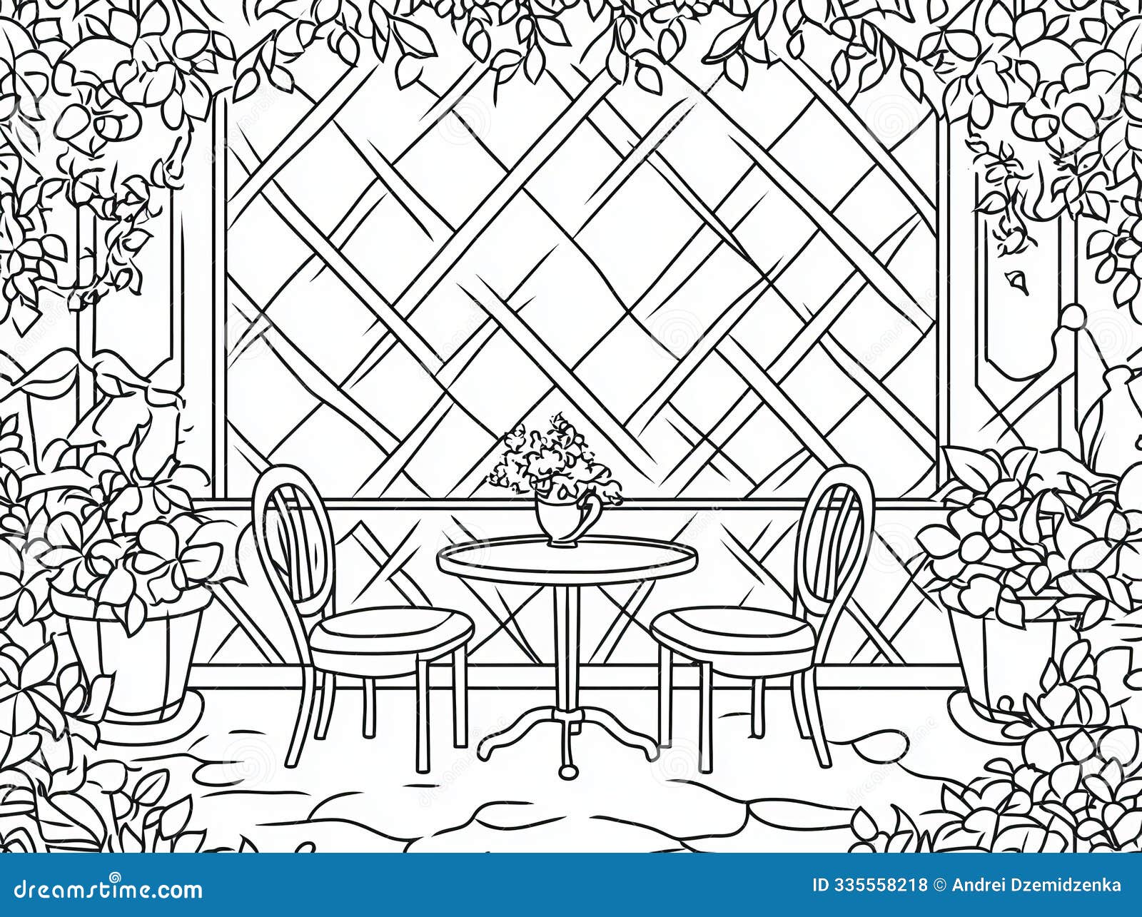 Black and White Sketch of a Garden Table in the Backyard Stock Photo ...