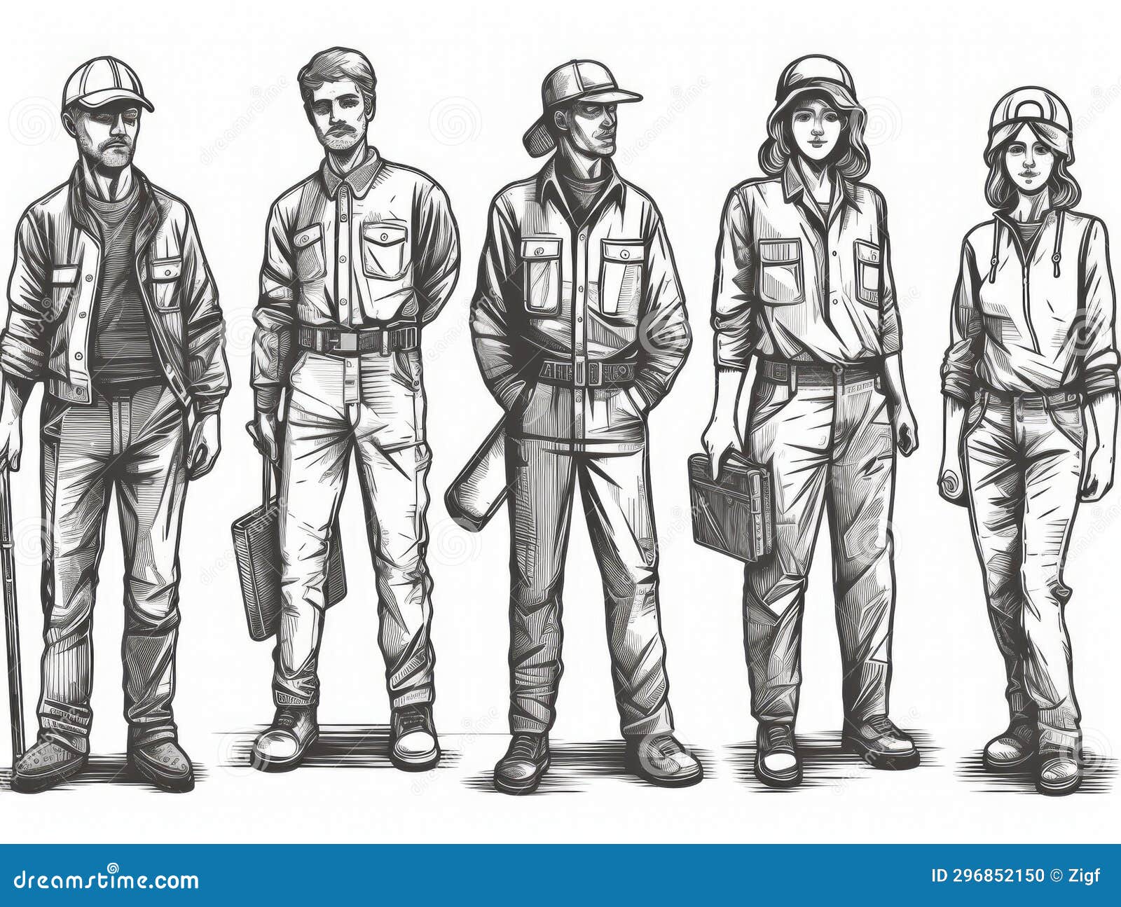 Black and White Sketch of a Group of Construction Workers Stock ...