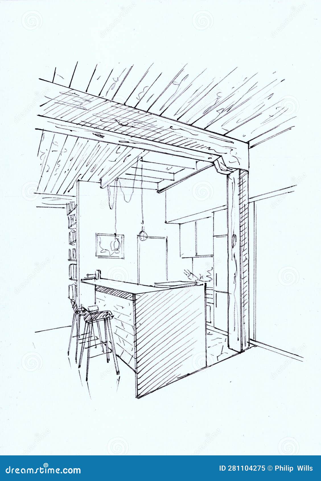 Black and White Illustration of a Kitchen and Breakfast Bar. Stock ...