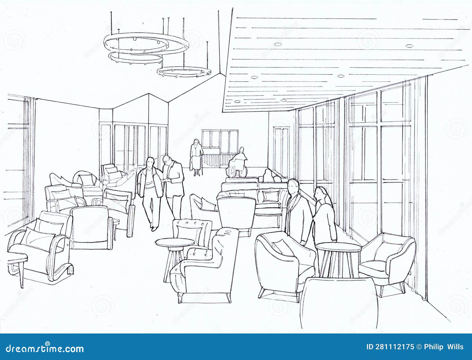 Black and White Sketch of a Modern Reception Area. Stock Illustration ...