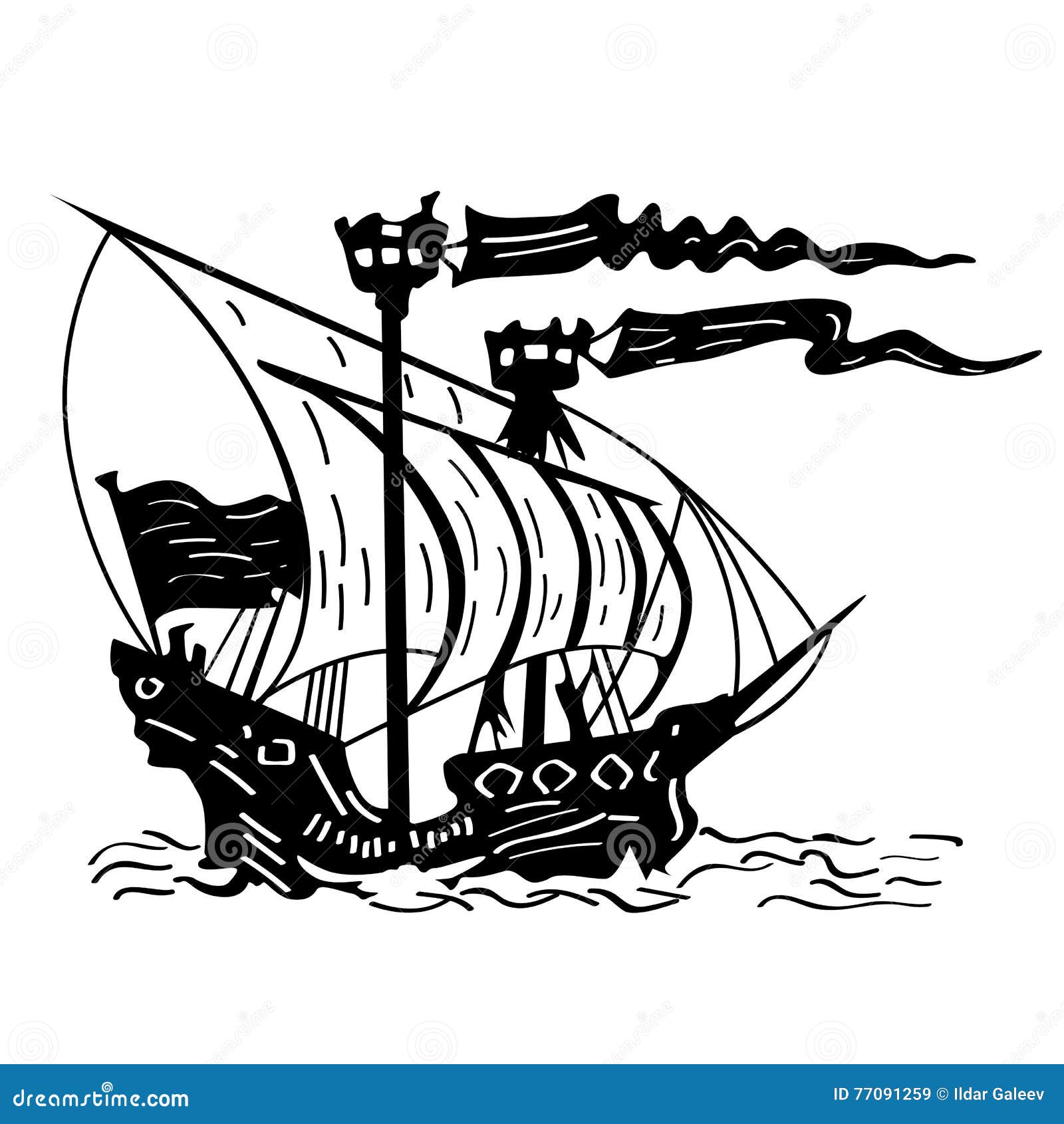 Black and White Sketch of a Sailing Ship. Hand Drawn Illustration Stock ...