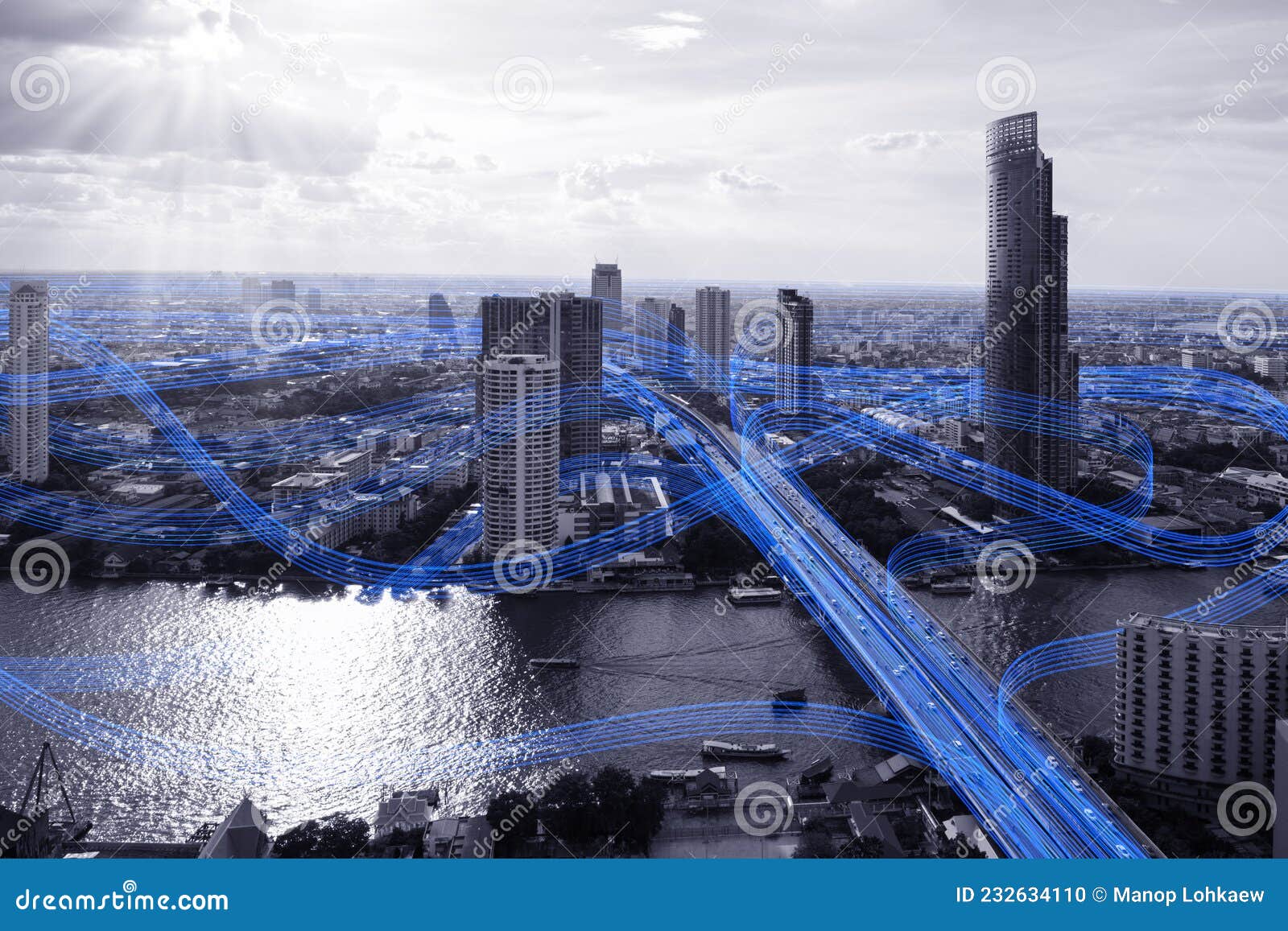 Black and White Smart City with Data Communication Flow Network ...
