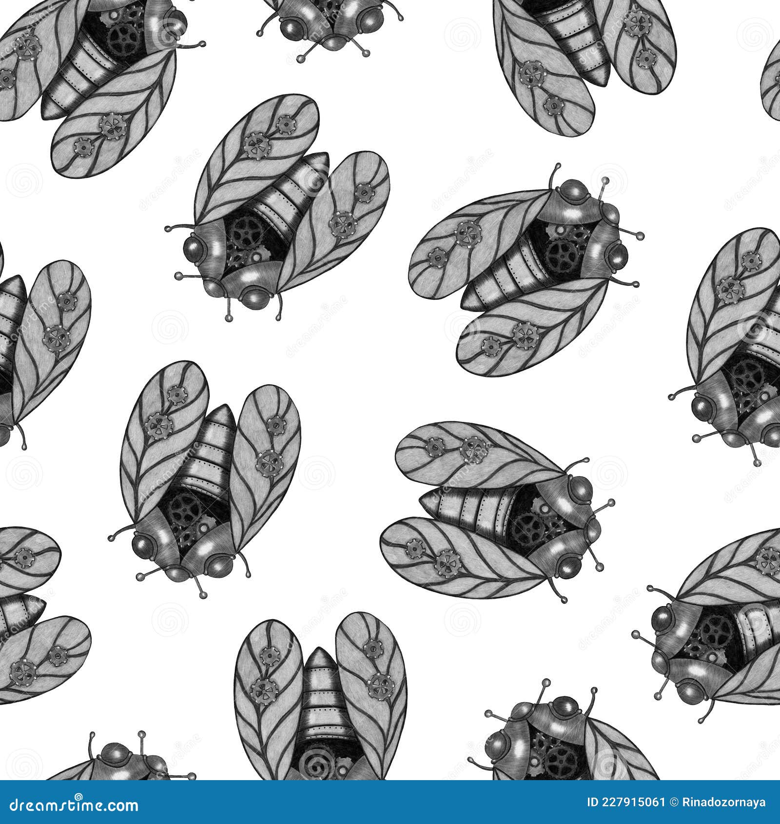 Black and White Steampunk Cicada Hand Drawn Seamless Pattern. Cicada ...