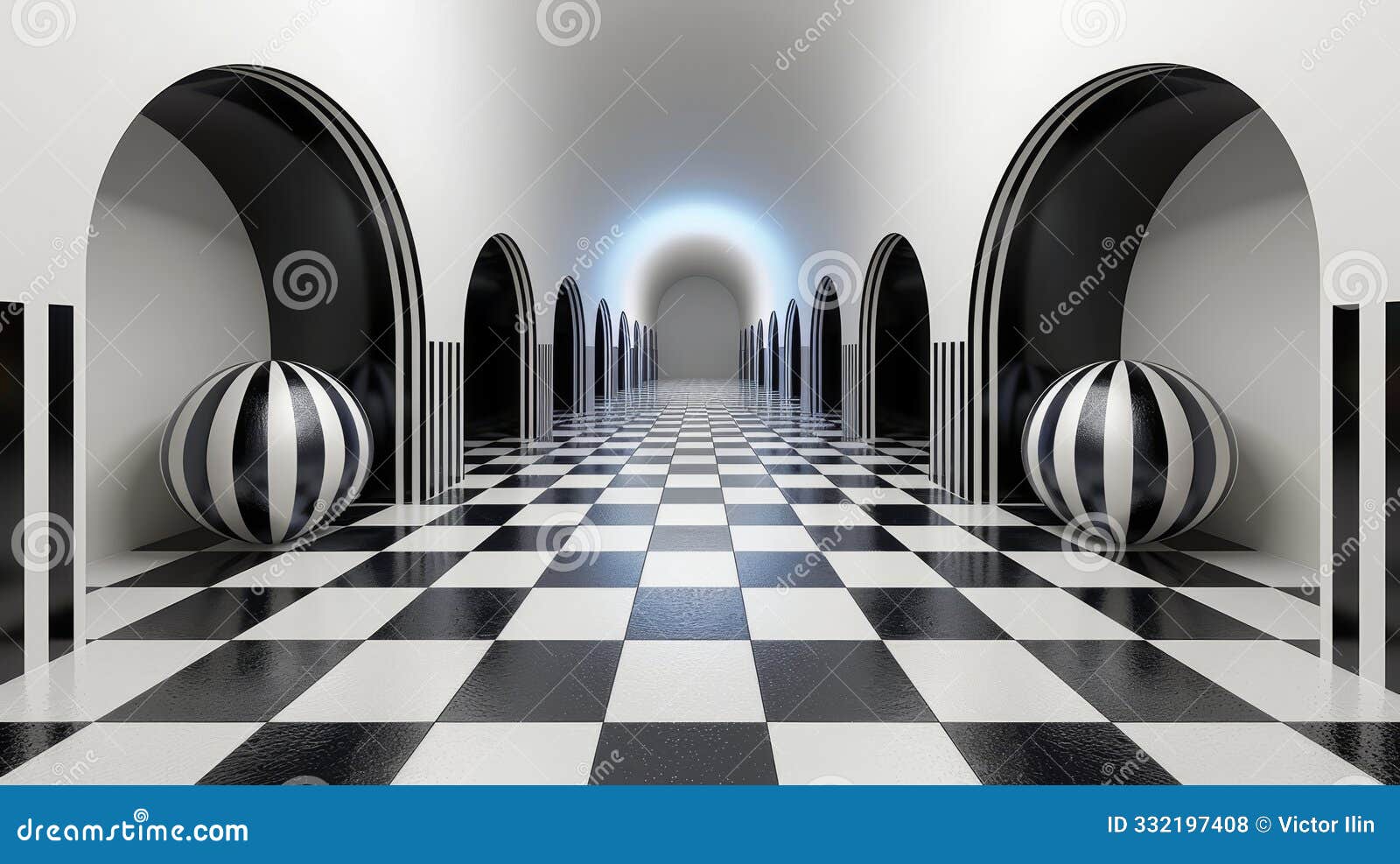Black and White Striped Balls on a Checkerboard Floor in an Arched ...
