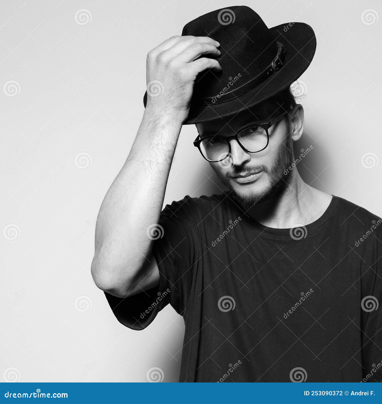 Black and White Studio Portrait of Young Attractive Man, Wearing Black ...