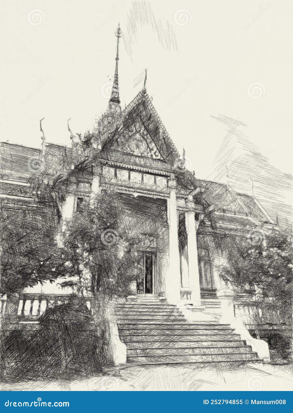 Black and White of Temple Background Stock Illustration - Illustration ...