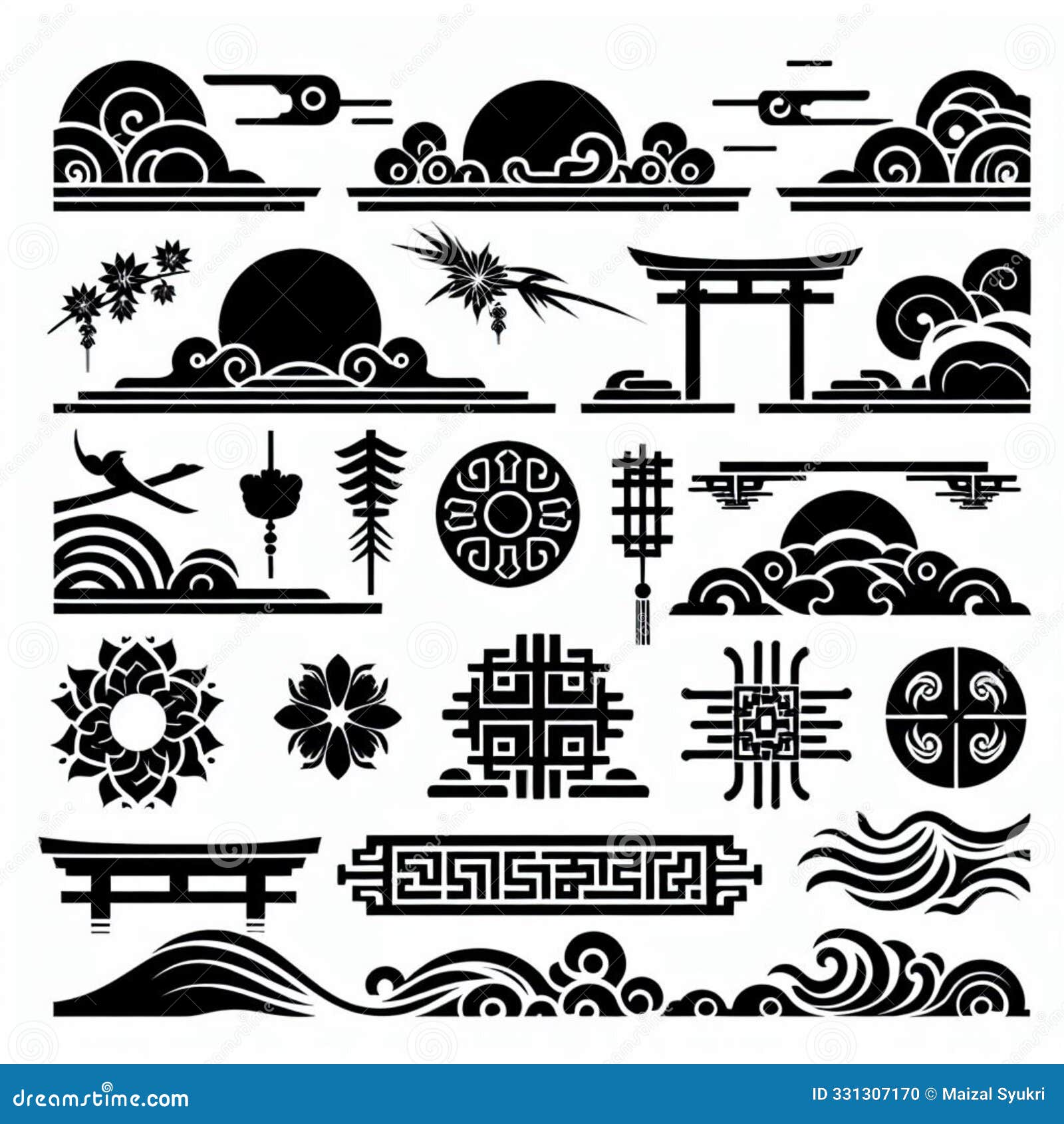 Black and White Traditional Asian Patterns Featuring Nature and ...