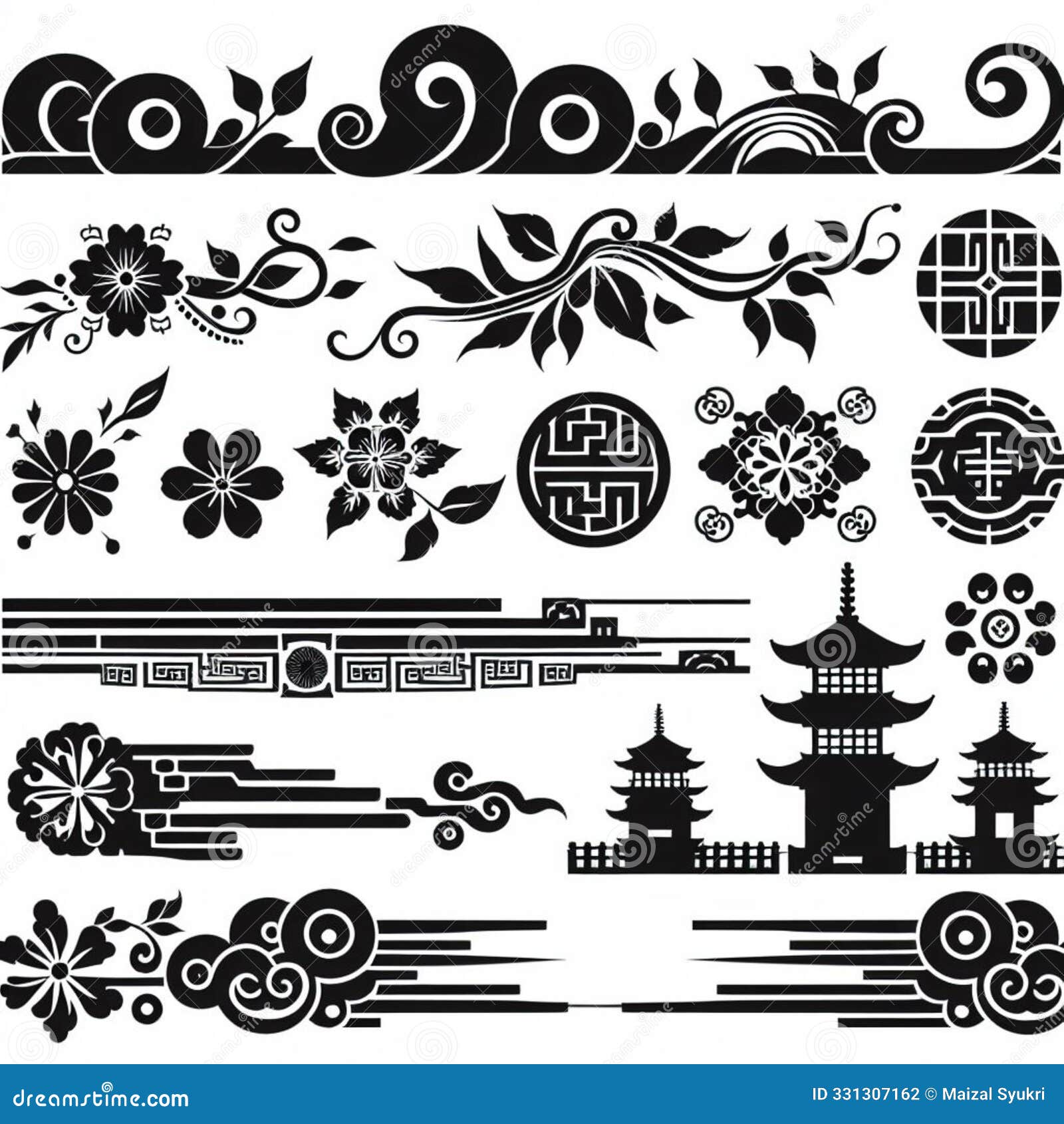 Black and White Traditional Asian Patterns Featuring Nature and ...