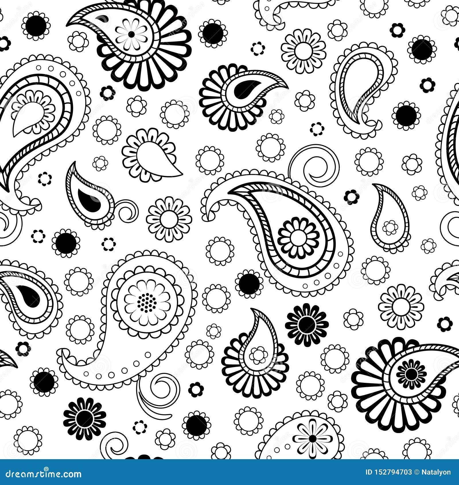 Black And White Traditional Oriental Paisley Floral Seamless Pattern
