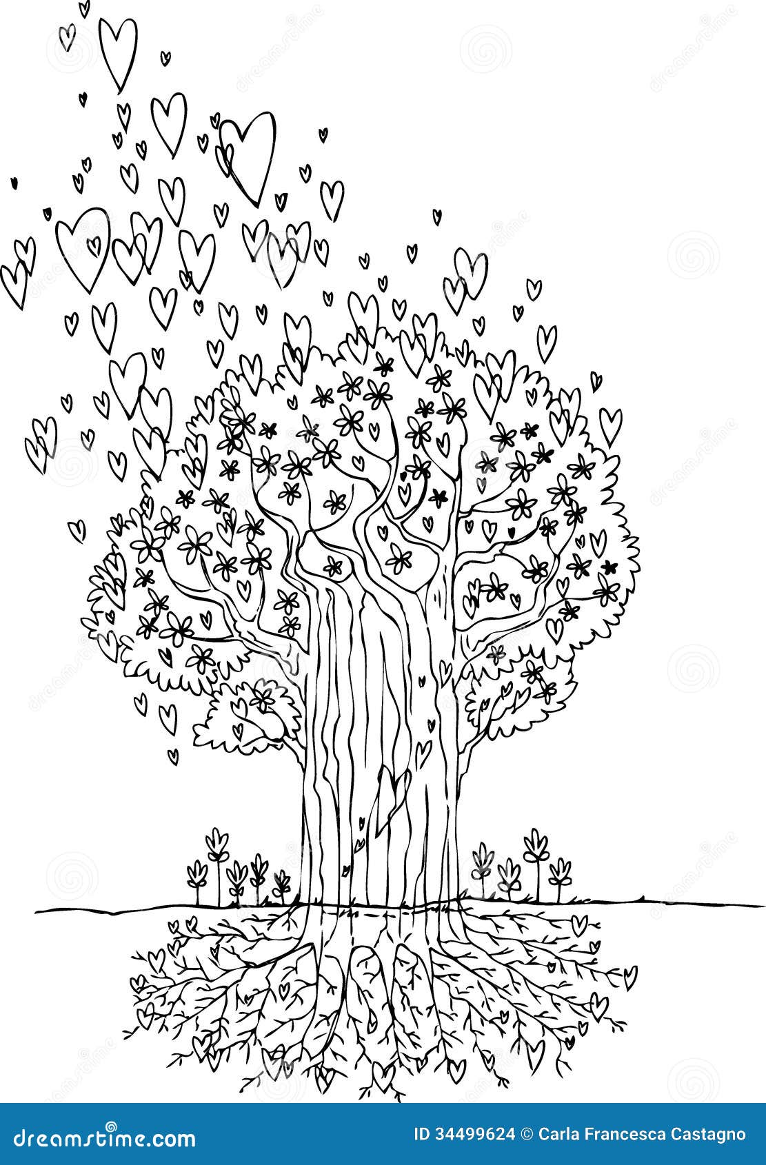 Love Heart Tree Drawing Sketch Coloring Page