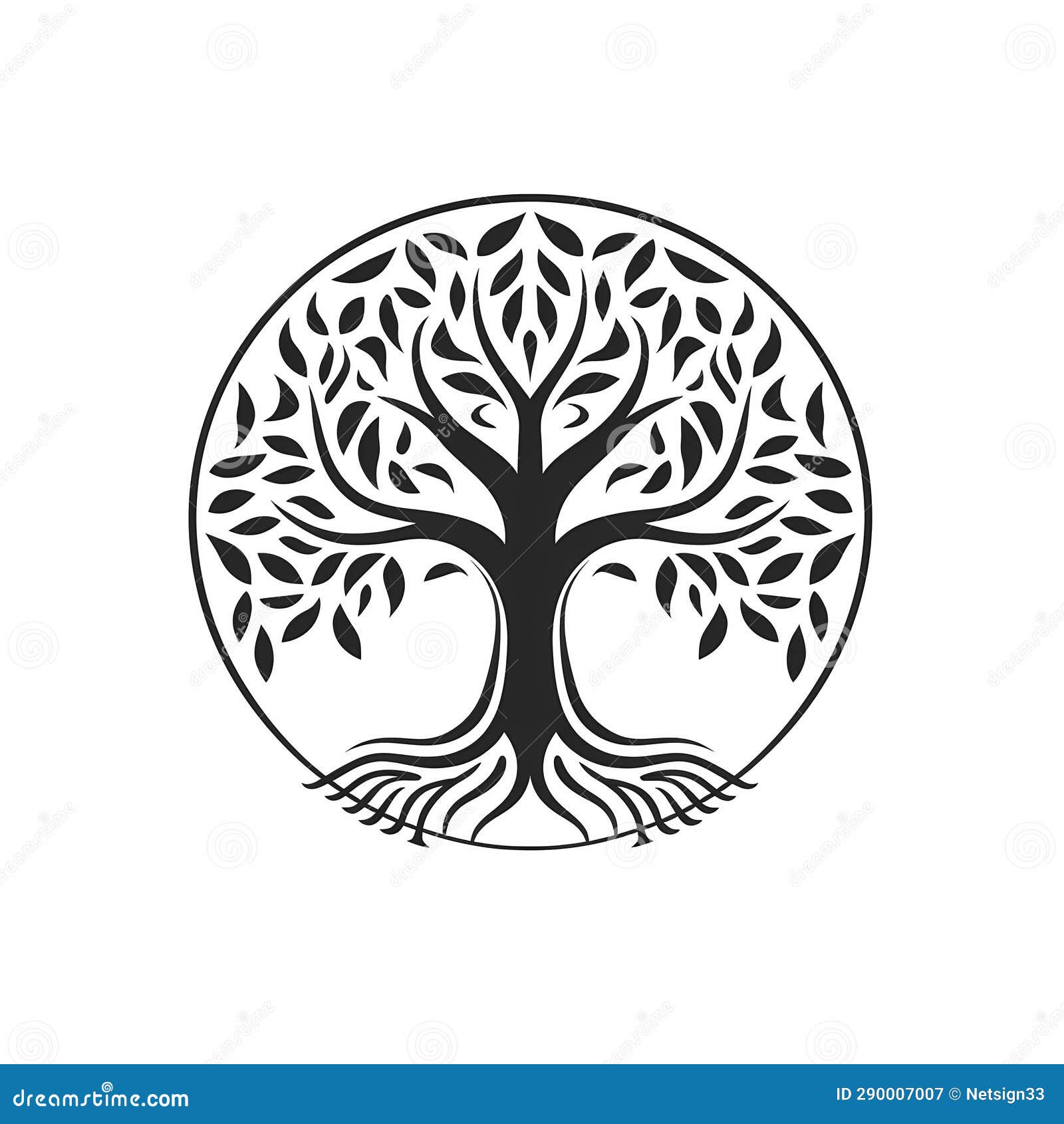 Black and White Tree with Leaves in a Circle Stock Illustration ...