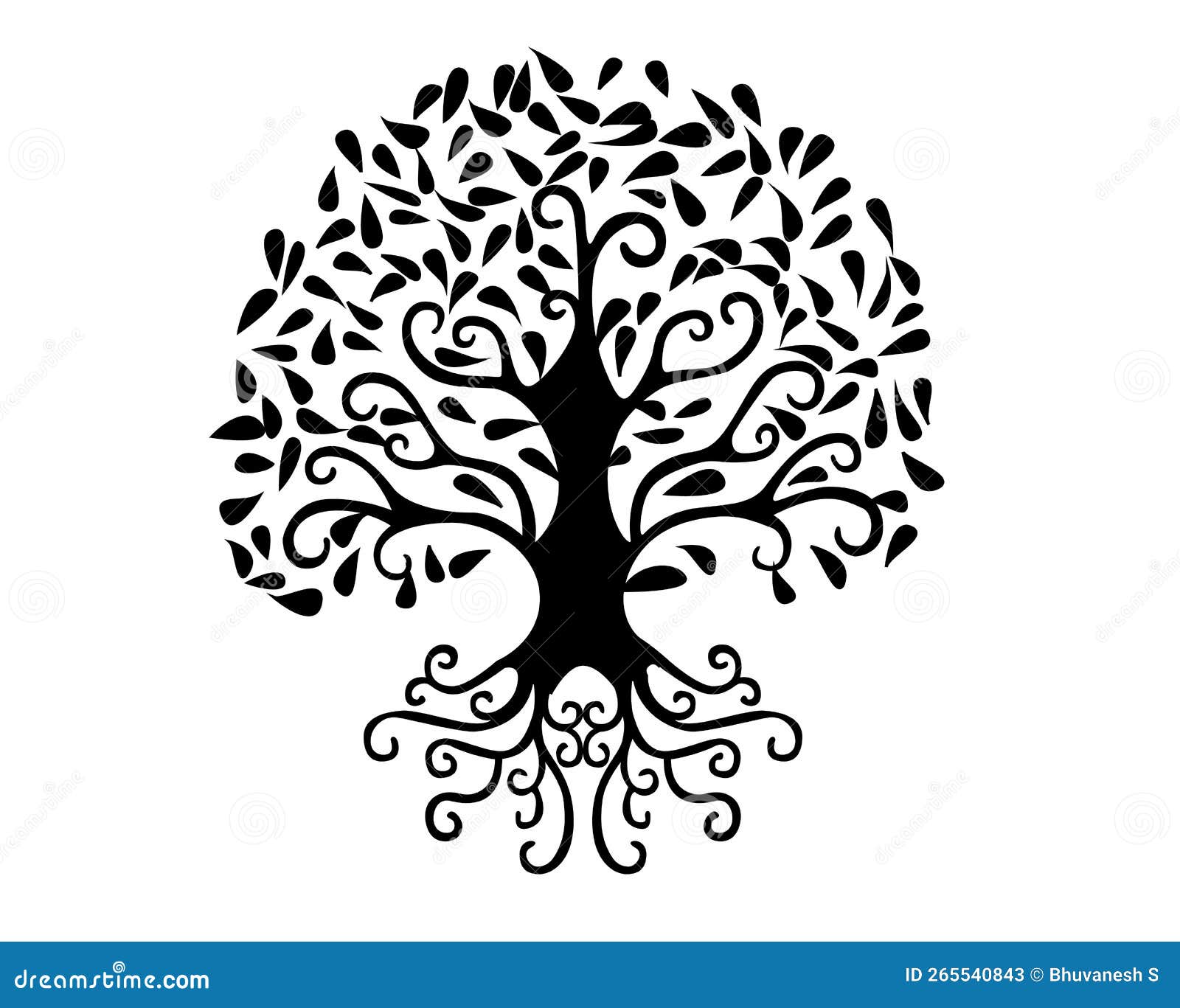Black and White Tree with Spiral Roots and Branches and Leaves Isolated ...