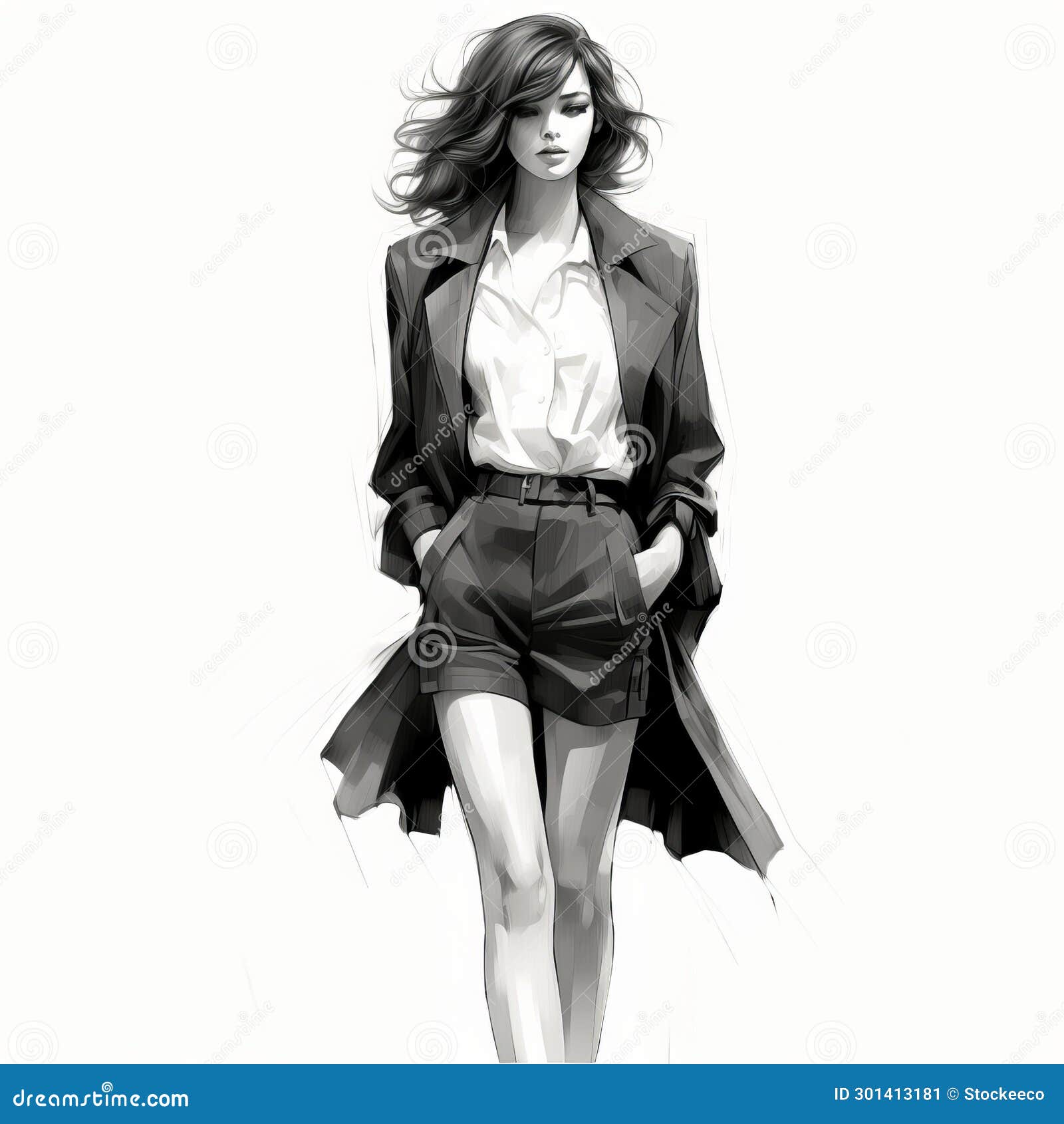 Black and White Trench Coat Woman: High Dynamic Range Illustration ...