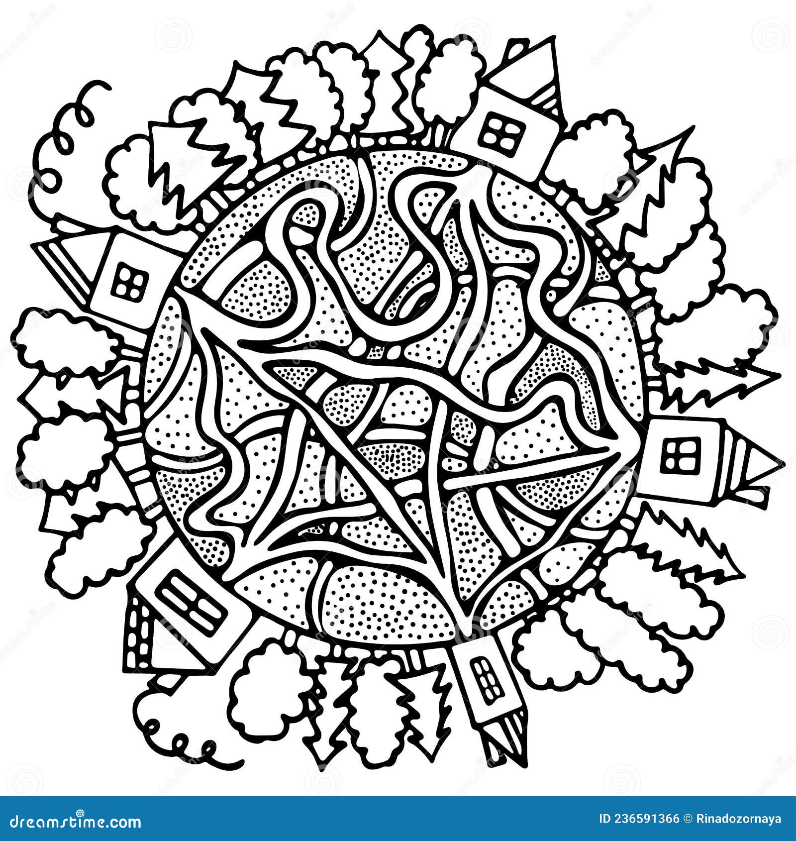 Black and White Vector Doodle Illustration with Pathway, House and Tree ...