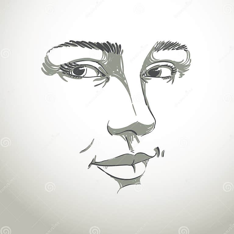 Black And White Vector Hand Drawn Portrait Of White Skin Flirting Woman