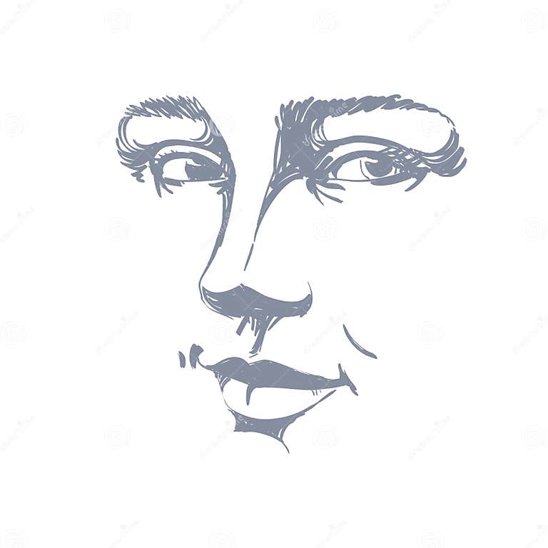 Black And White Vector Hand Drawn Portrait Of White Skin Flirting Woman