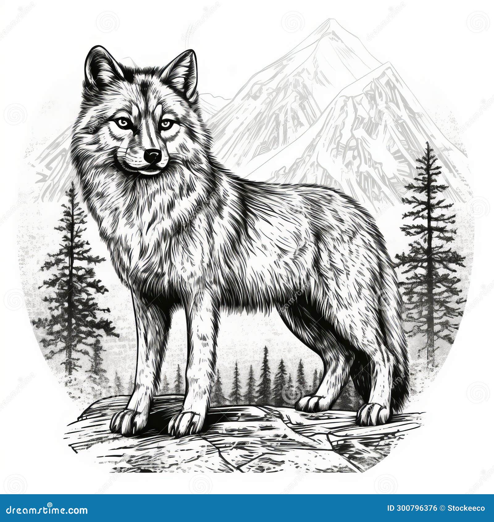 Detailed Pencil Drawing of a Wolf in Mountain Landscape Stock ...
