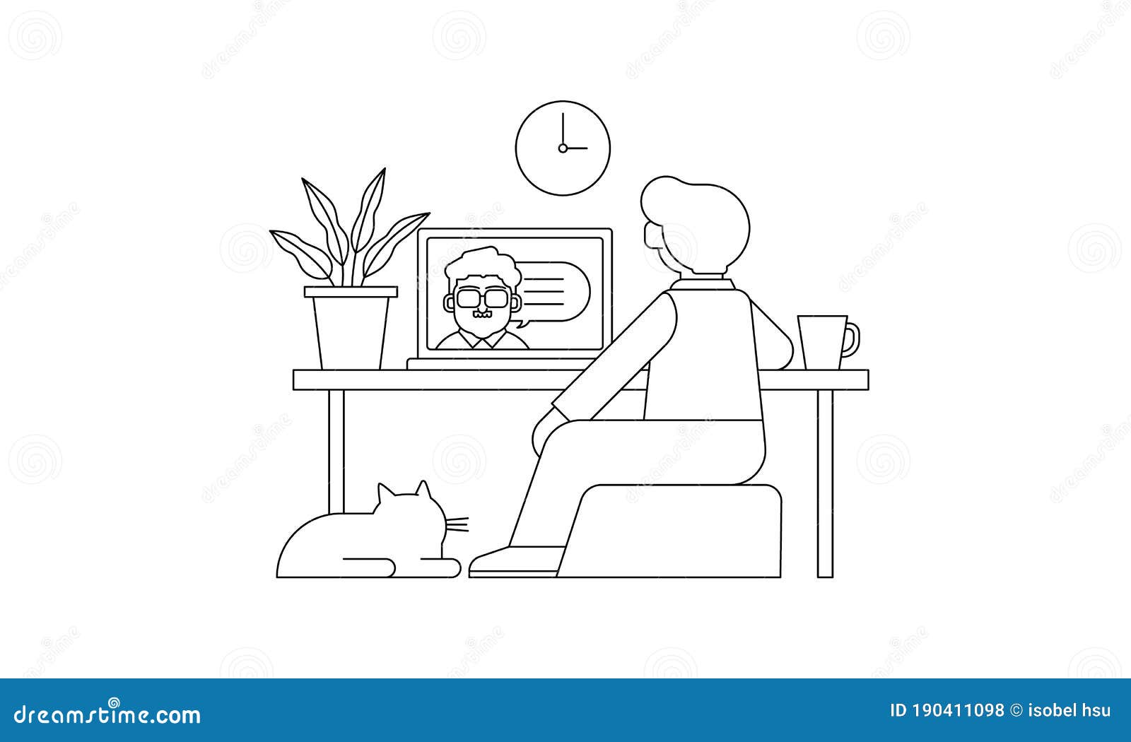 Black and White Vector Illustration for a Remote Worker on Con-call ...
