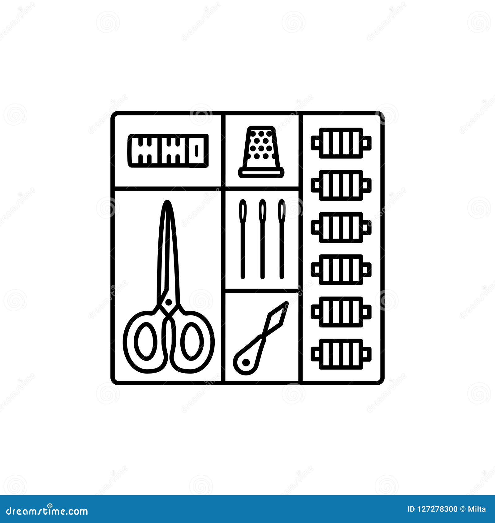 Black And White Vector Illustration Of Sewing Kit In Box Line Icon Of