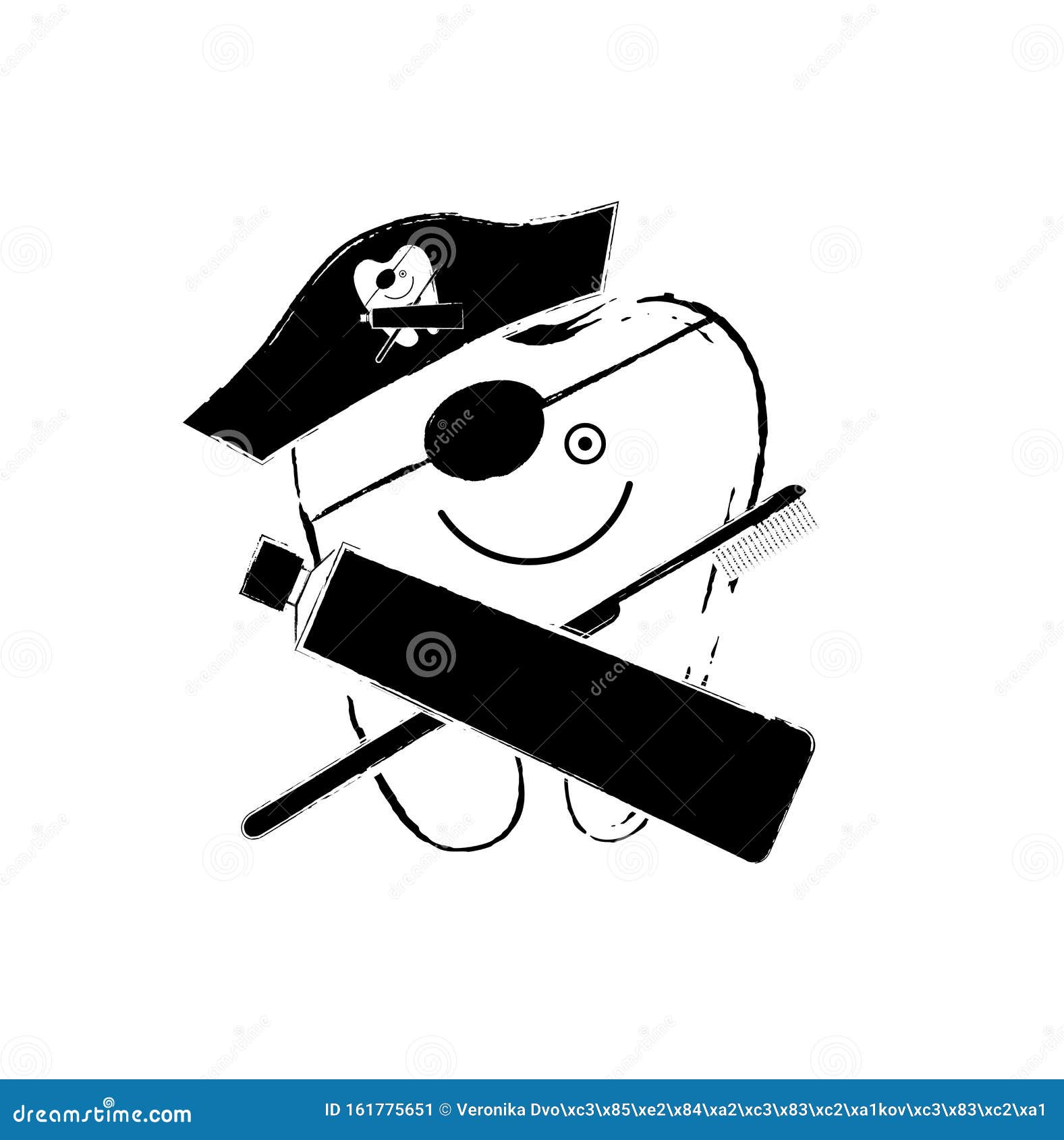 Black and White Vector Illustration of Smiling Tooth Stylized As Pirate ...
