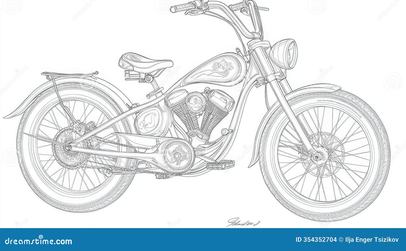 Black and White Vector Line Art of a Classic Chopper Style Motorcycle ...