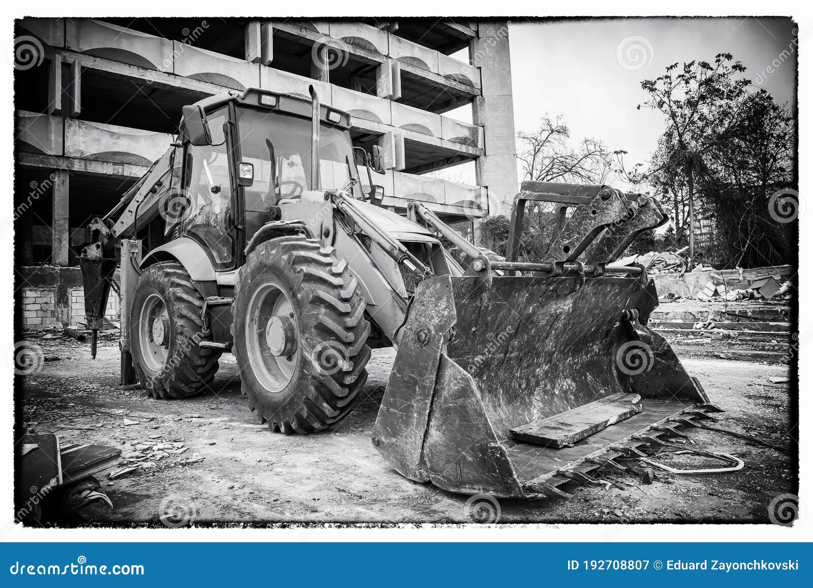 Vintage View of Excavator with Shovel after Work in Construction Site ...