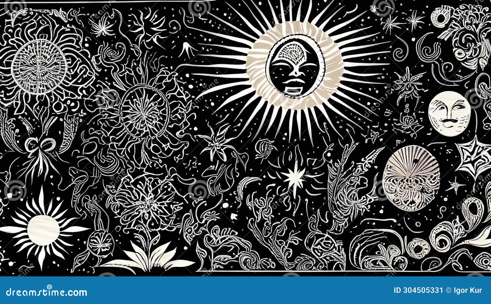 Black and White Wallpaper with Antique Aztec Pattern with Stars, Sun ...
