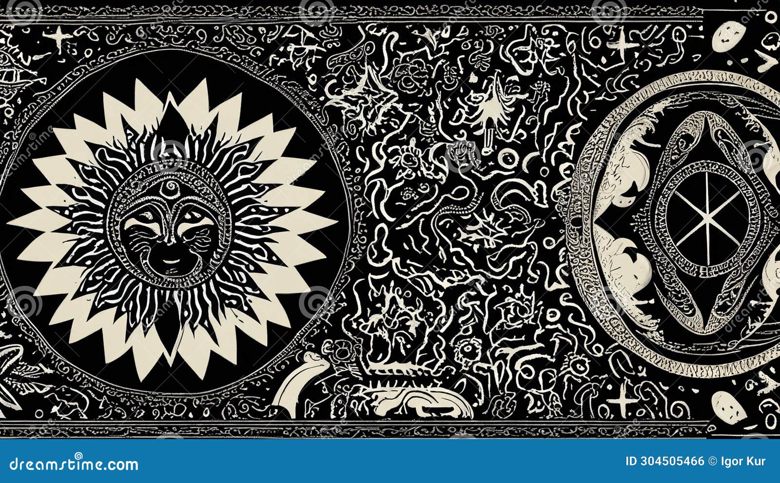 Black and White Wallpaper with Antique Aztec Pattern with Stars, Sun ...
