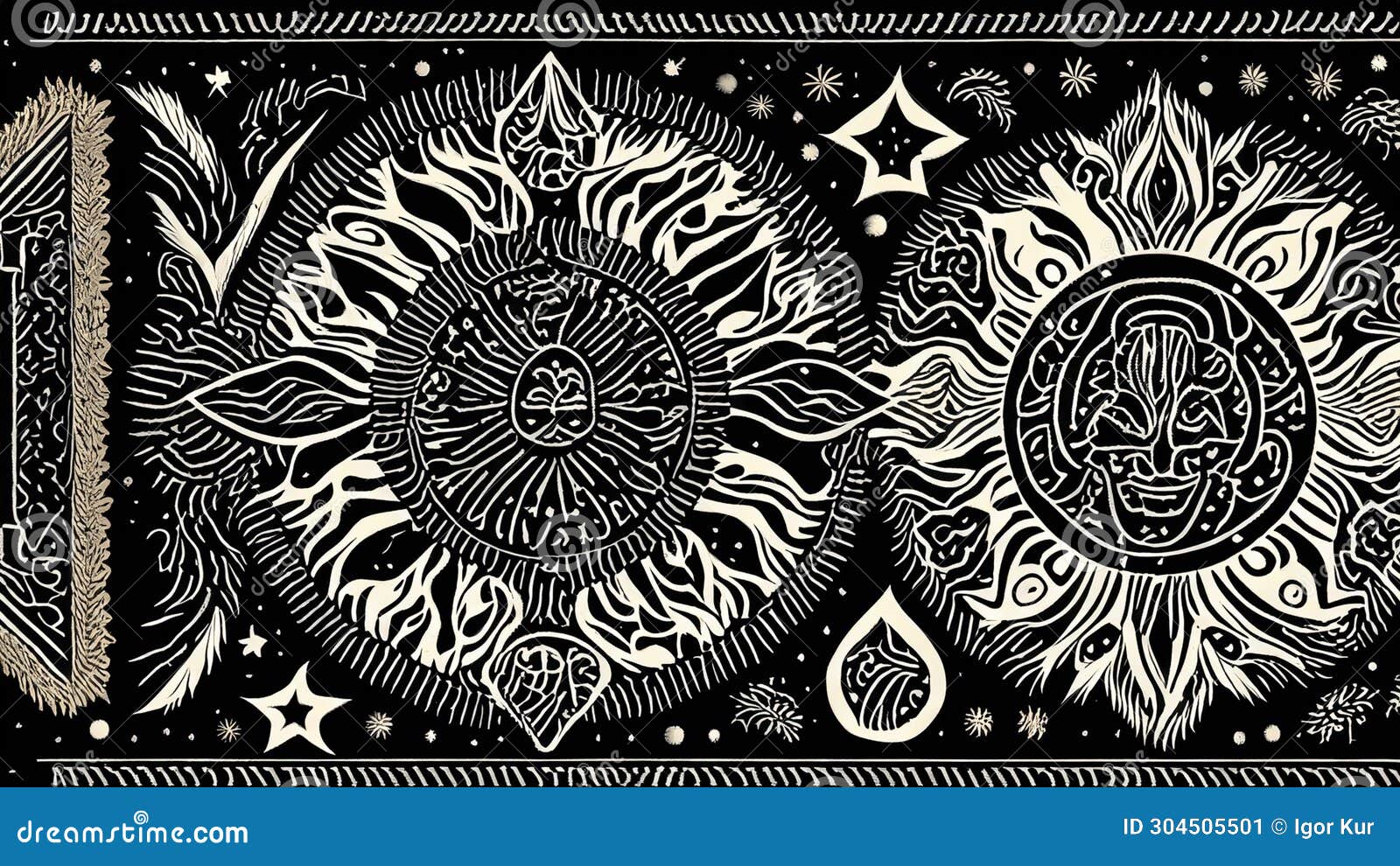 Black and White Wallpaper with Antique Aztec Pattern with Stars, Sun ...