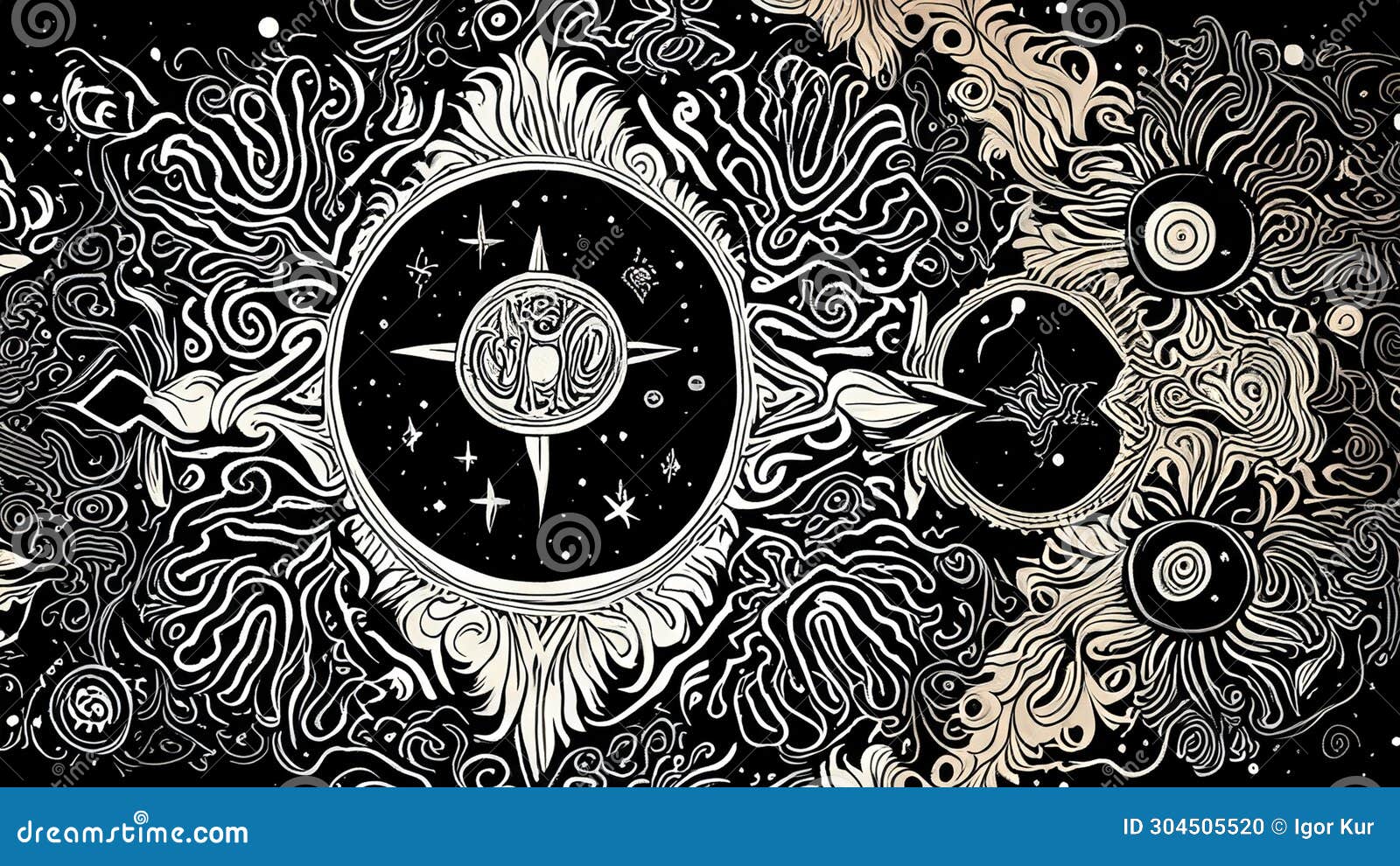 Black and White Wallpaper with Antique Aztec Pattern with Stars, Sun ...