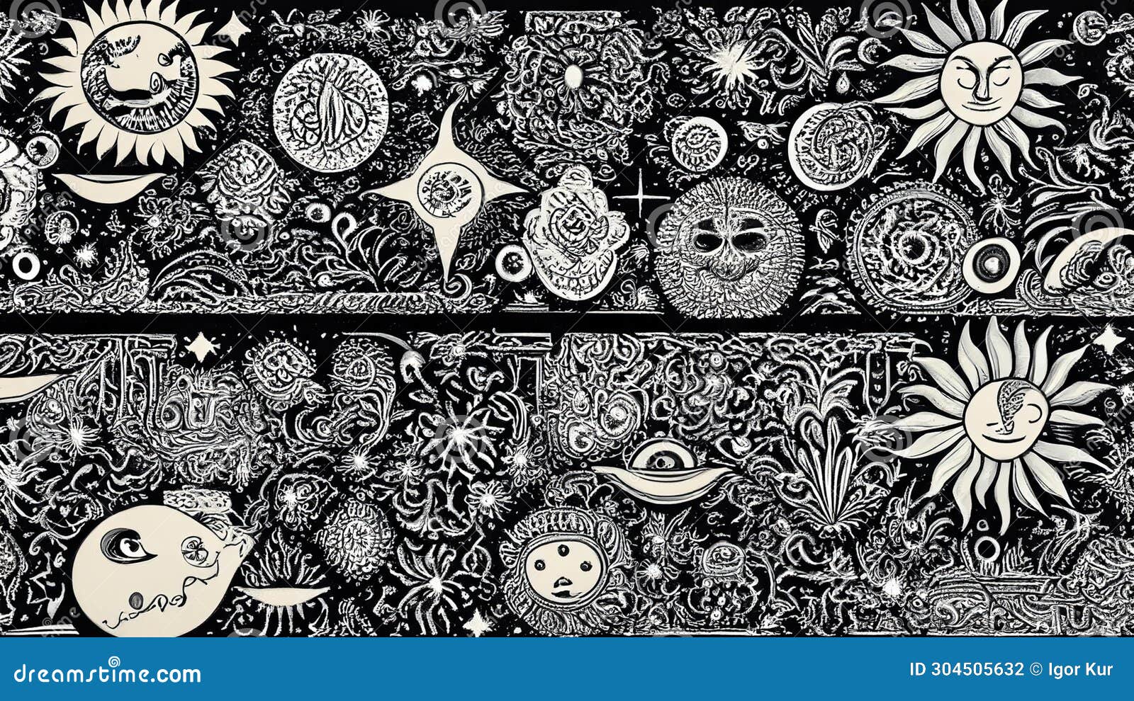 Black and White Wallpaper with Antique Aztec Pattern with Stars, Sun ...