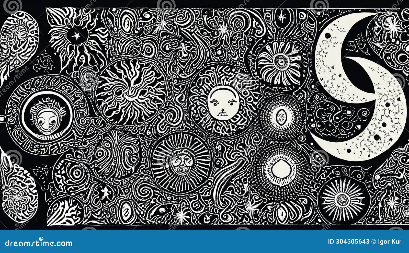 Black and White Wallpaper with Antique Aztec Pattern with Stars, Sun ...