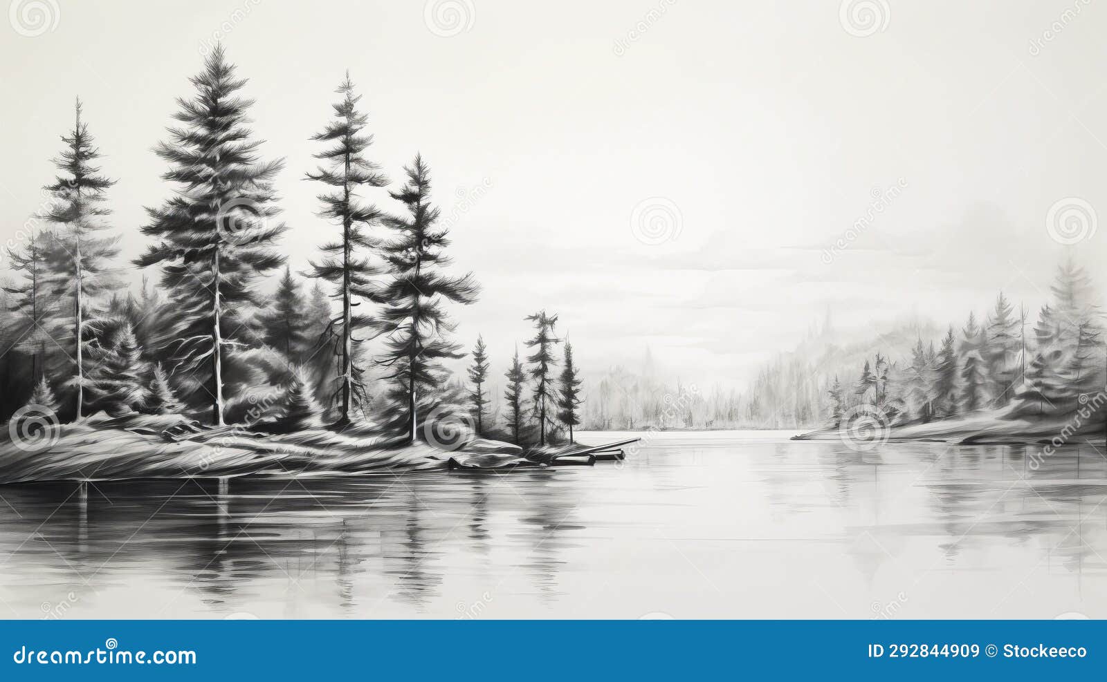 Black and White Watery Landscape Artwork: Hyperrealistic Forest Sketch ...