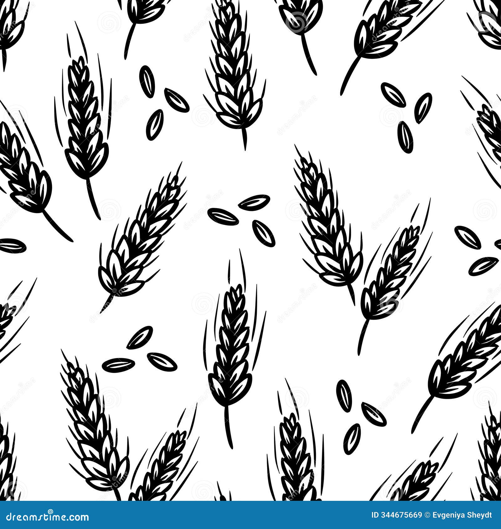 Black and White Wheat Seamless Pattern with Scattered Seeds on a Plain ...