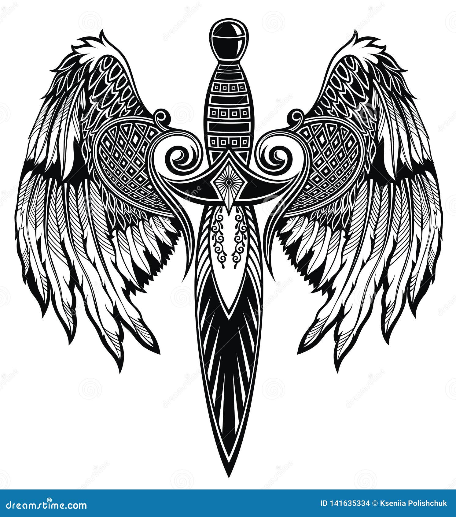 Winged Dagger Black And White Illustration Of A Dagger With Wings On A ...