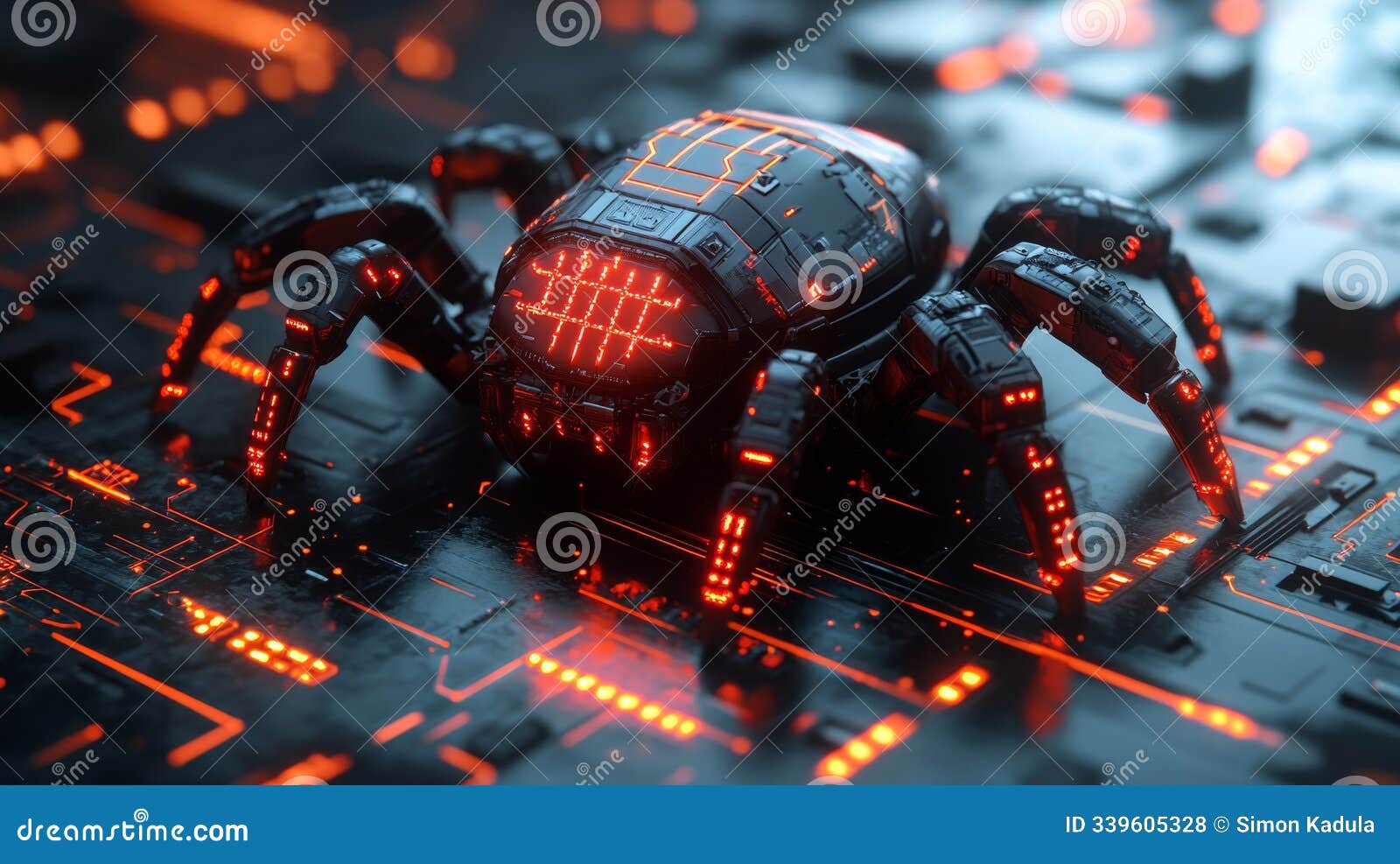 Black Widow Spider Robot Crawling on Circuit Board with Red Lights ...