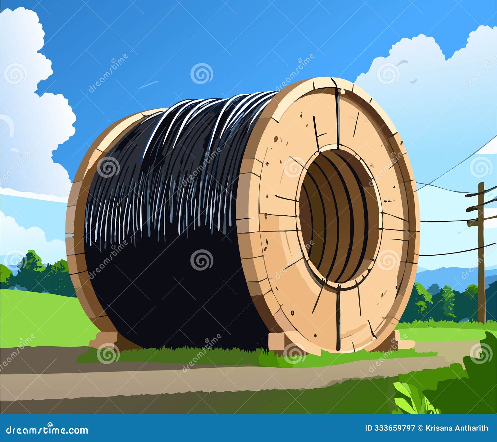 Black Wire Electric Cable with Wooden Coil of Electric Cable Under the ...